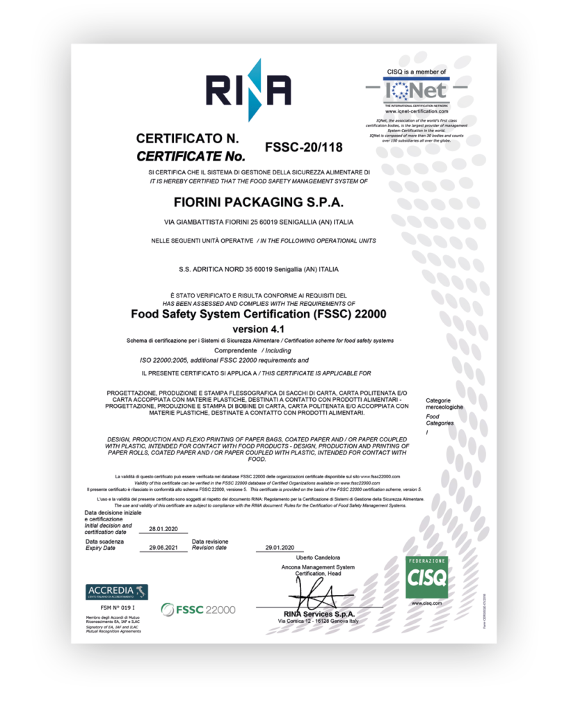 Certifications | Fiorini Packaging